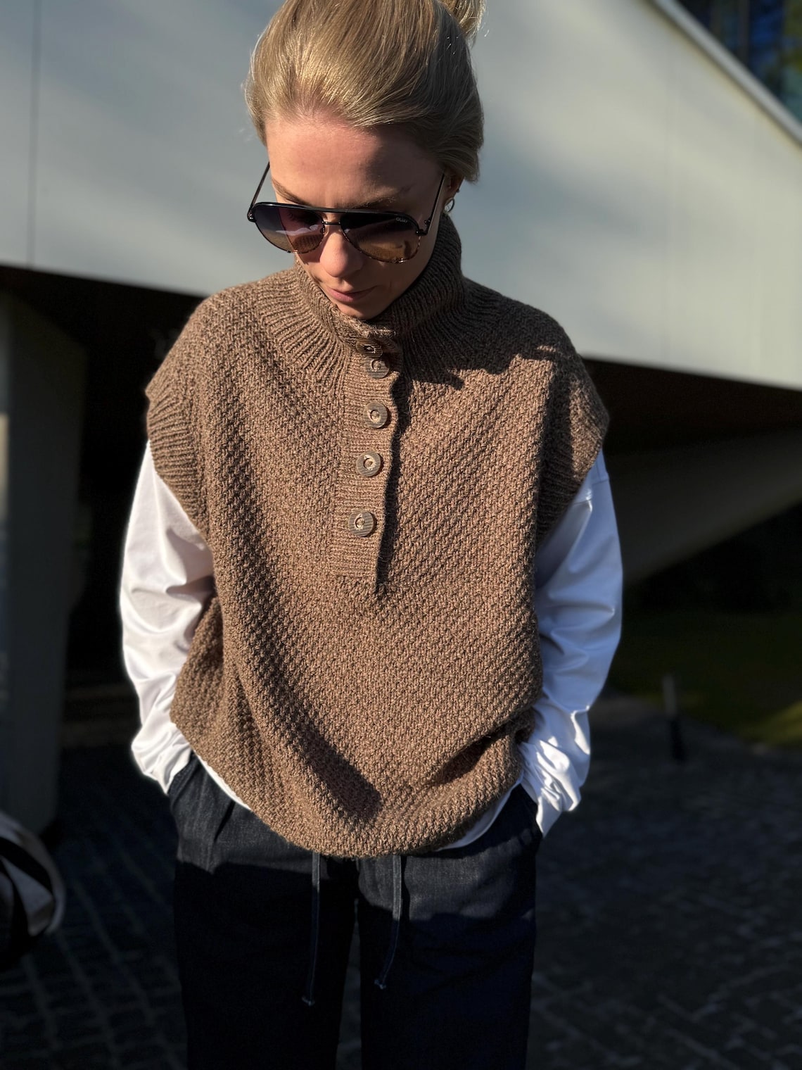 Oatmill Vest Knitting Pattern: High Collar Buttoned Sleeveless Top (PDF ...