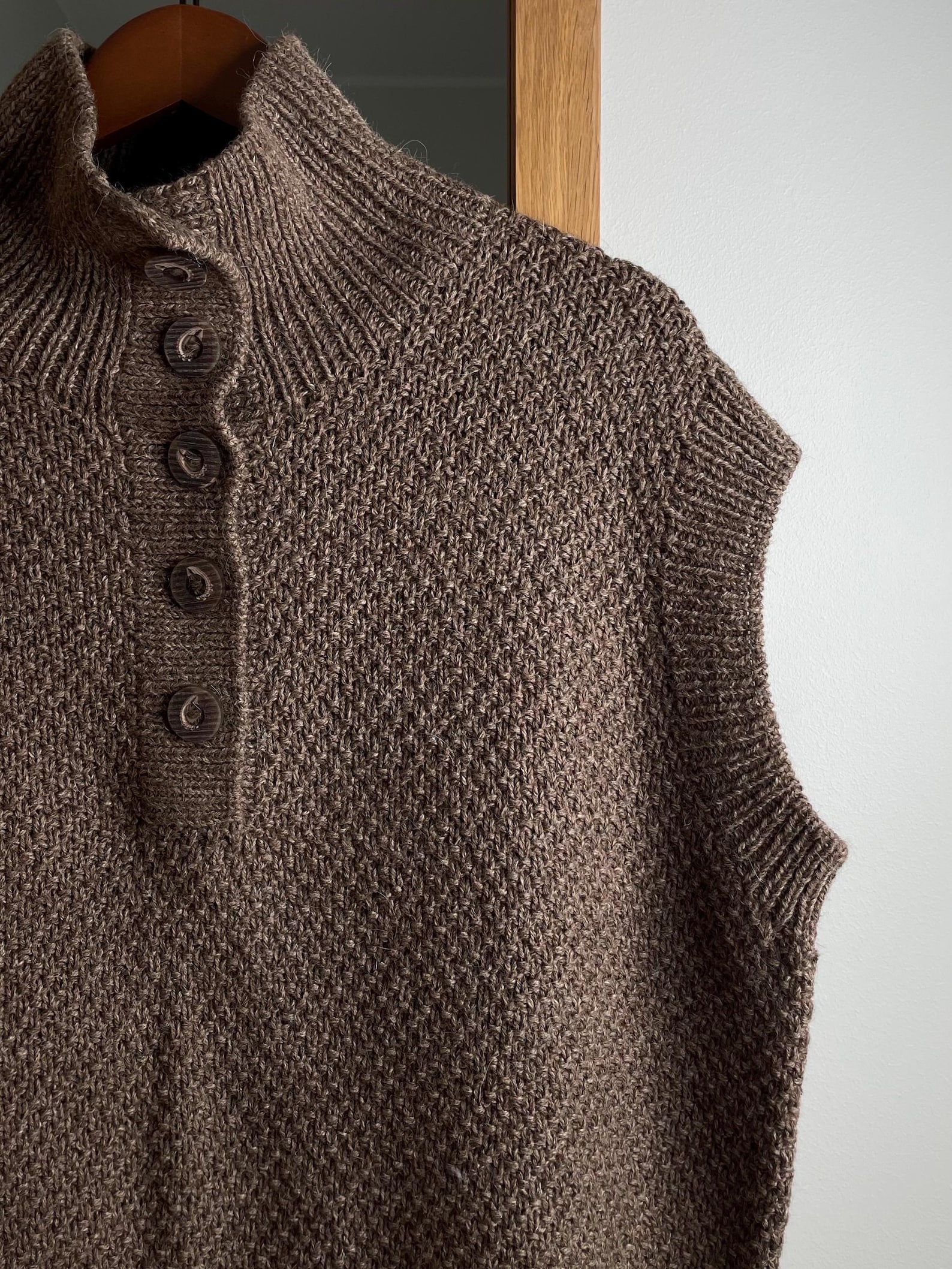 Oatmill Vest Knitting Pattern: High Collar Buttoned Sleeveless Top (PDF ...