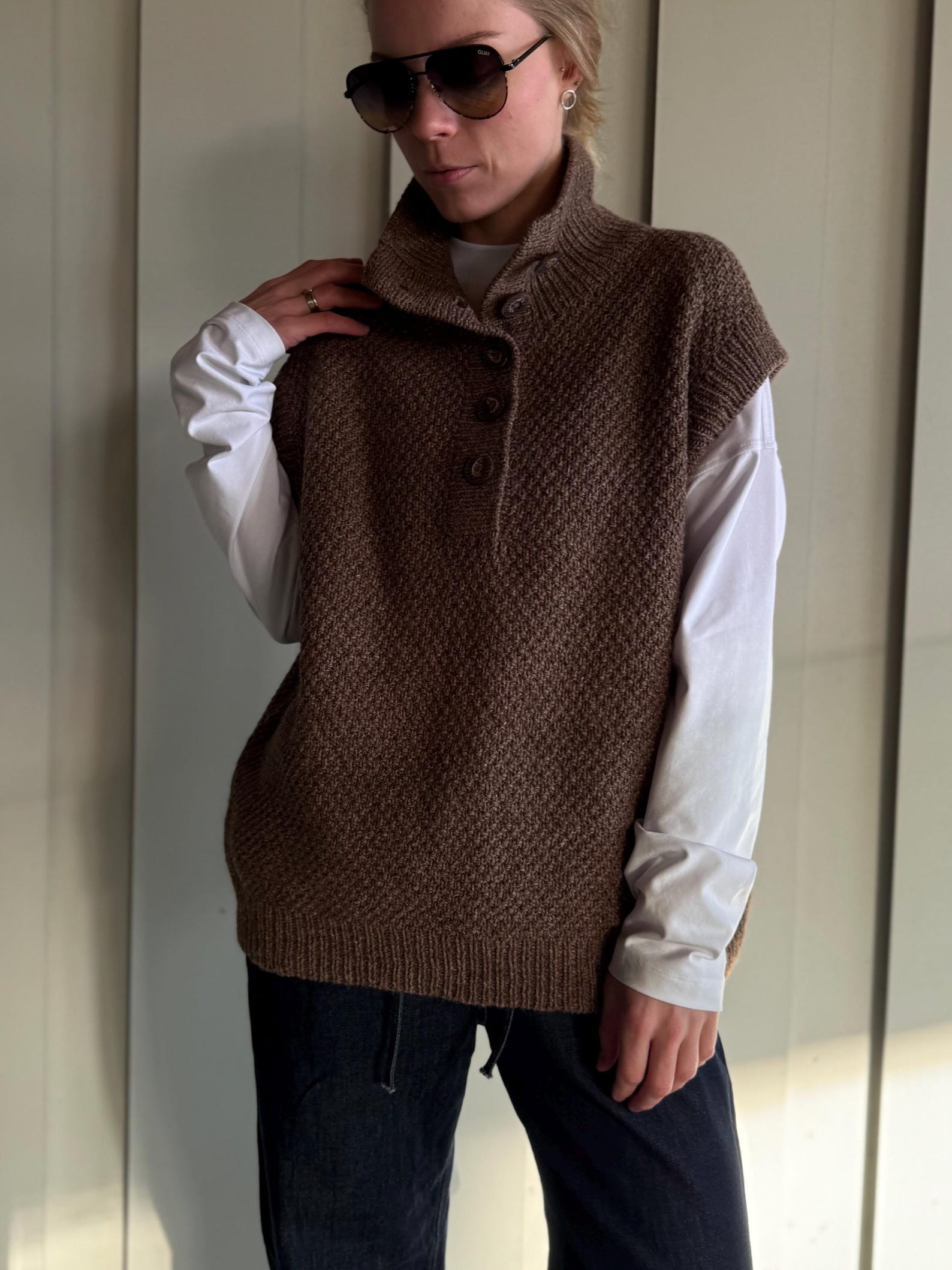 Oatmill Vest Knitting Pattern: High Collar Buttoned Sleeveless Top (PDF ...