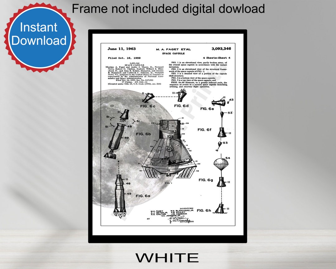 PRINTABLE NASA Space Capsule Patent Print Art 1963 Aerospace Scientist ...