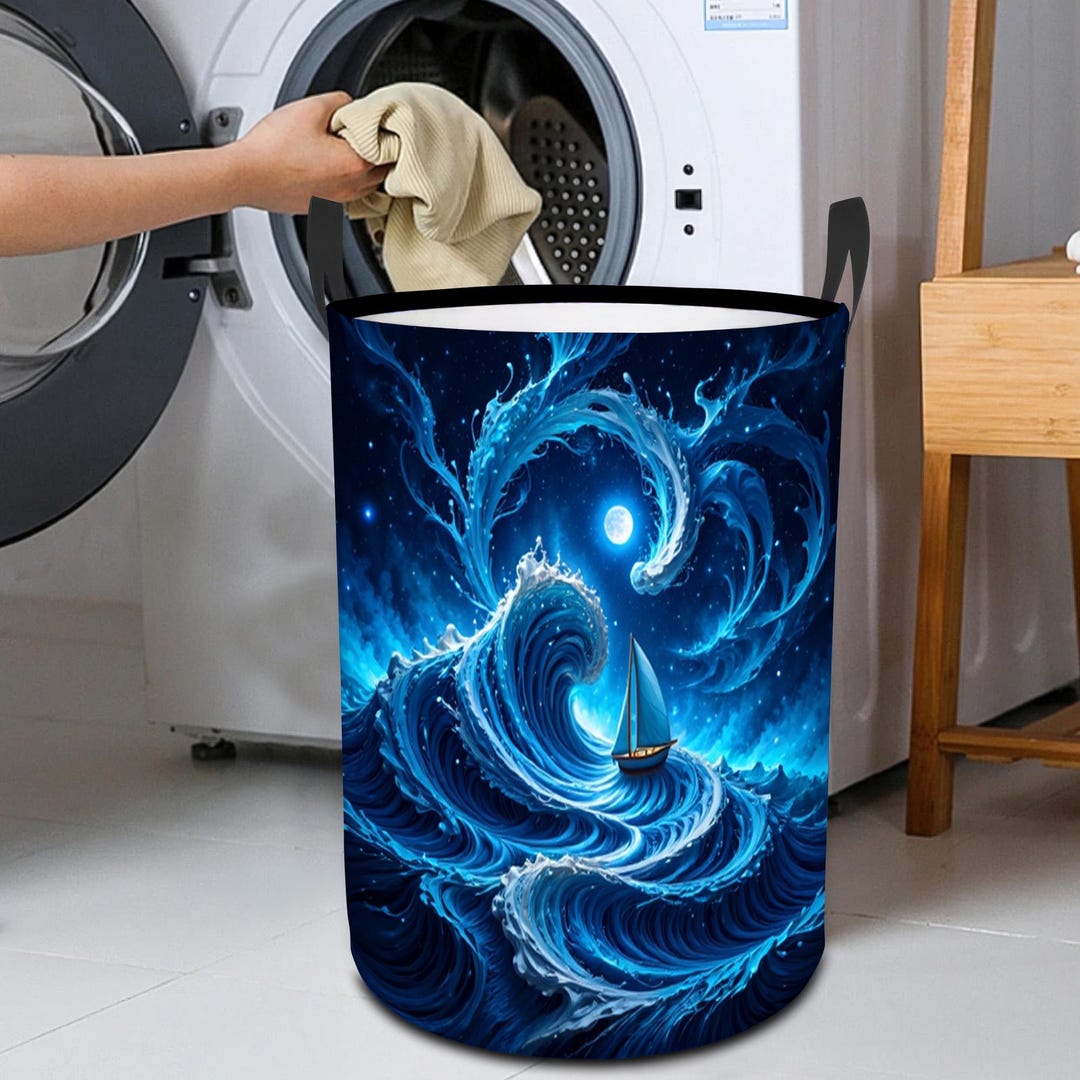 Ocean Wave Boat Print Laundry Basket With Handles, Large Foldable ...