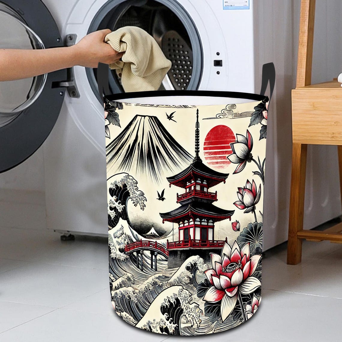 Japanese Wave Laundry Basket With Pagoda, Foldable Round Hamper With ...