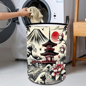 Japanese Wave Laundry Basket With Pagoda, Foldable Round Hamper With ...