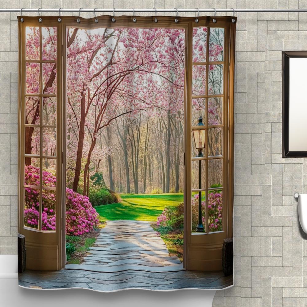 Garden Path Window View Shower Curtain - Multisize Scenic Bathroom ...