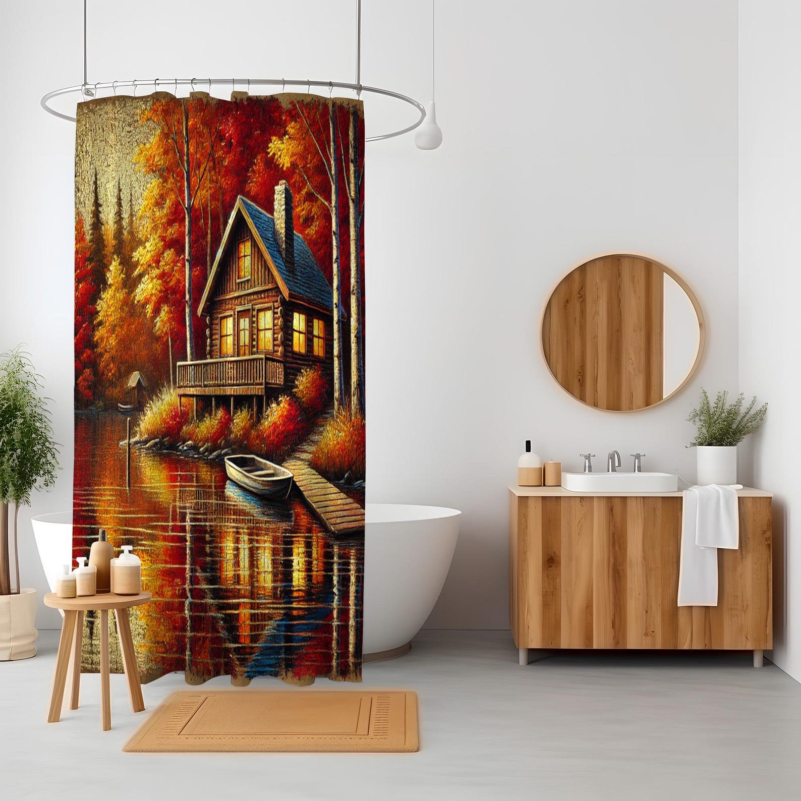 Rustic Cabin Shower Curtain, Autumn Lake House Bathroom Decor, Cozy Log ...