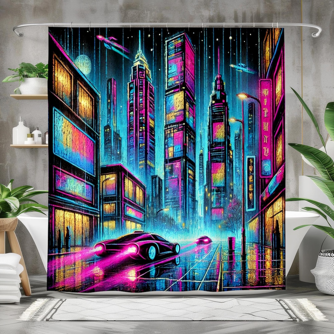Cyberpunk City Shower Curtain, Futuristic Neon Bathroom Decor, Retro ...