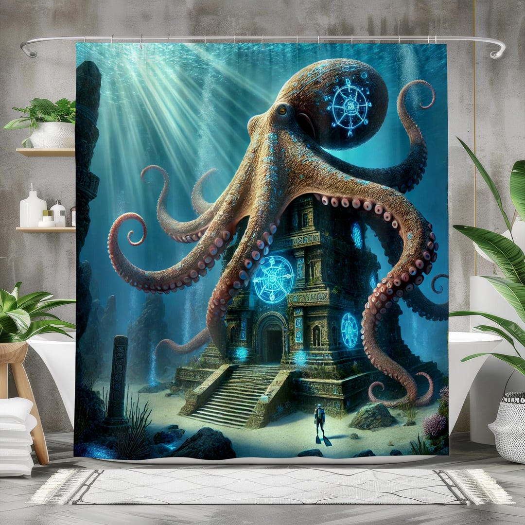 Ancient Octopus Guardian Shower Curtain, Atlantis Mythology Bathroom ...