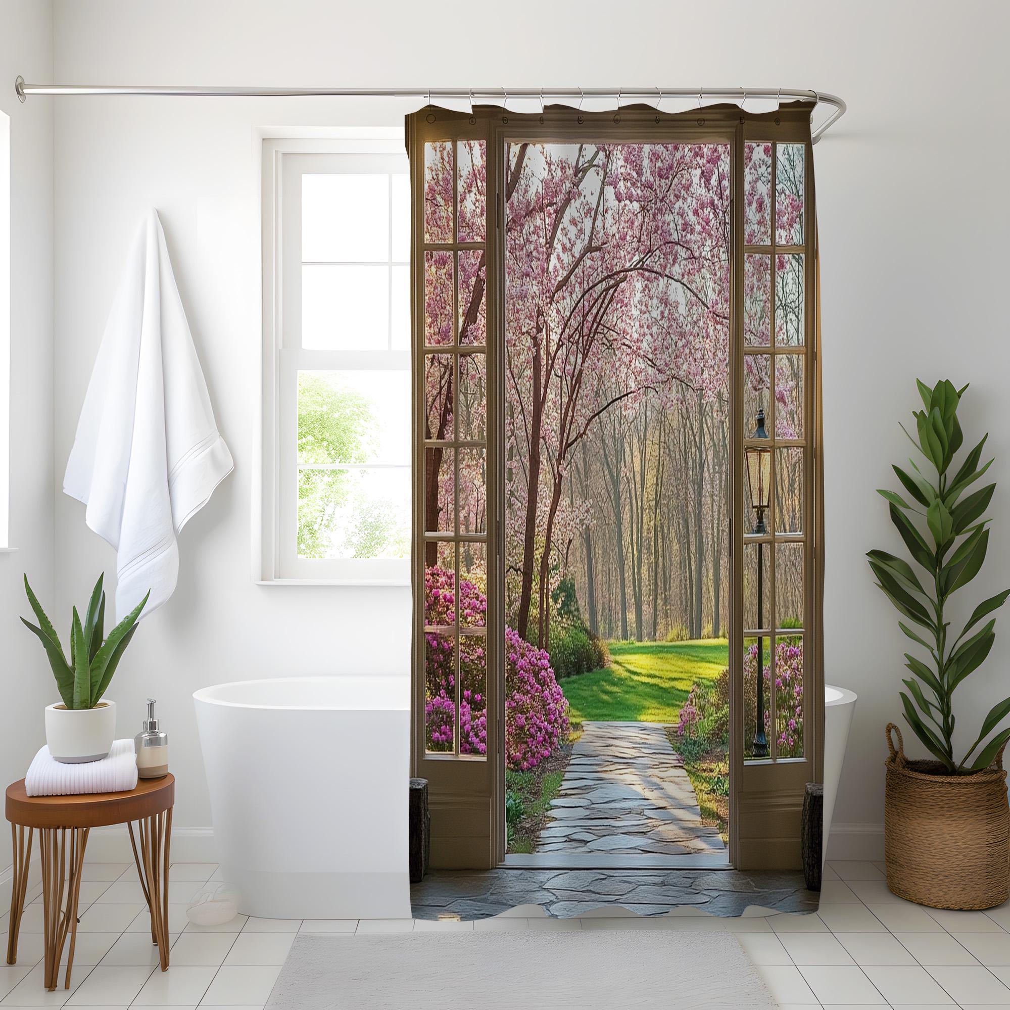 Garden Path Window View Shower Curtain - Multisize Scenic Bathroom ...