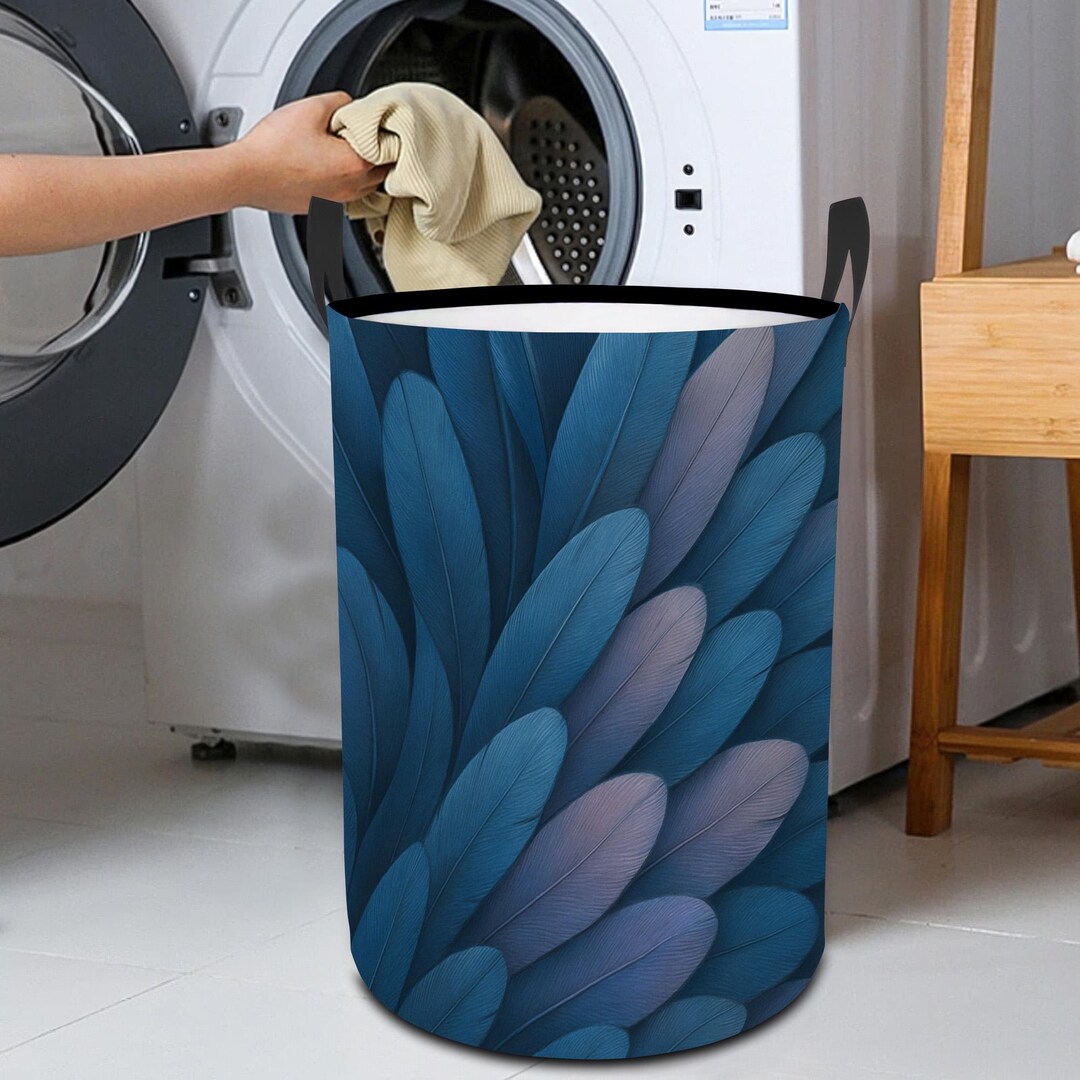 Blue Feather Laundry Basket With Handles, Elegant Foldable Clothes ...