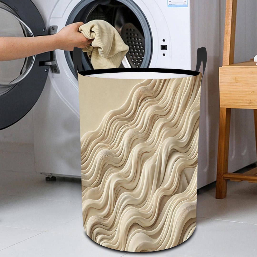 Wavy Neutral Laundry Basket – Foldable Beige Fabric Hamper With Handles ...