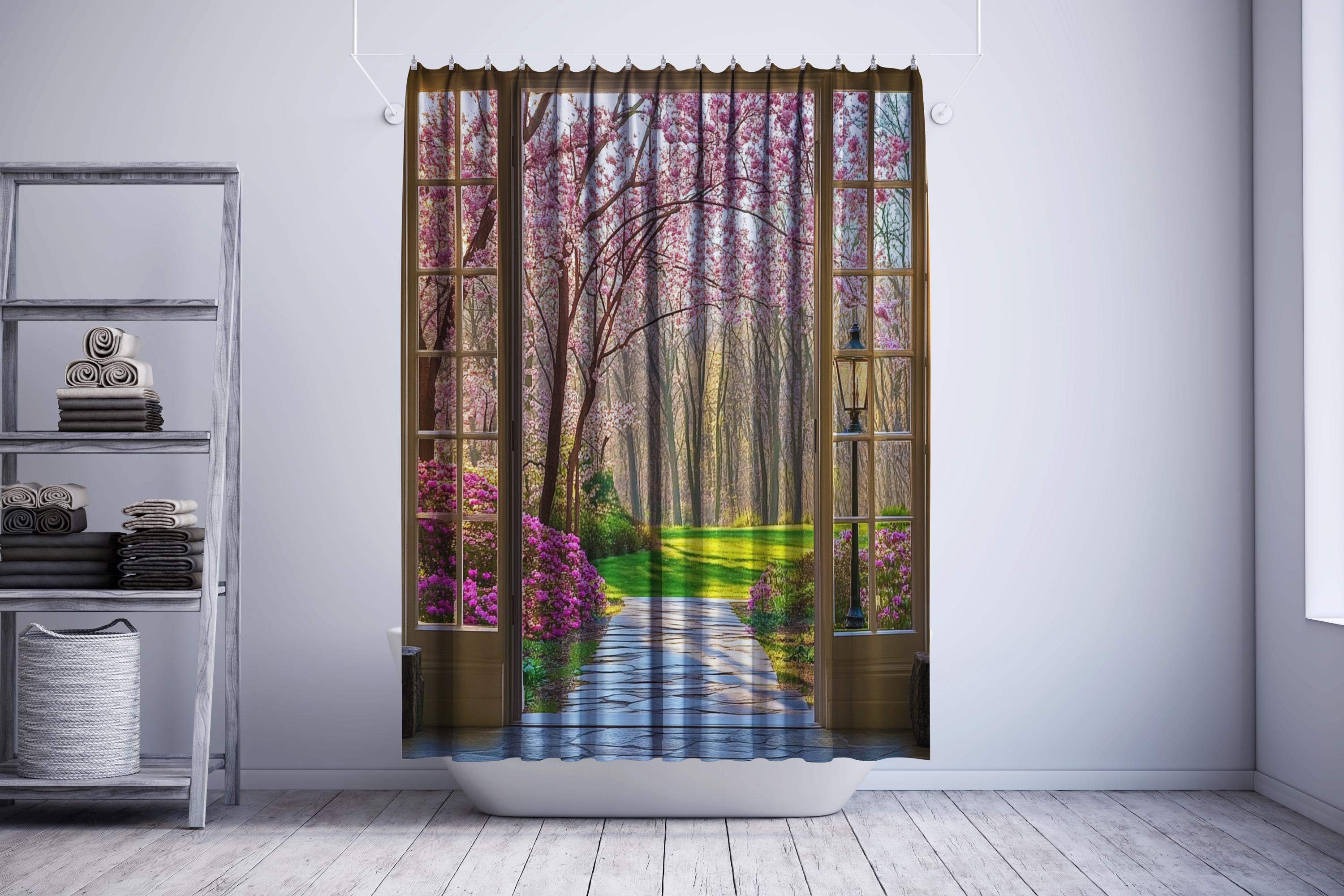 Garden Path Window View Shower Curtain - Multisize Scenic Bathroom ...