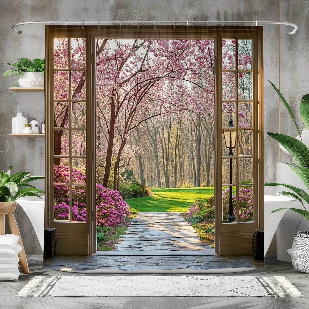 Garden Path Window View Shower Curtain - Multisize Scenic Bathroom ...