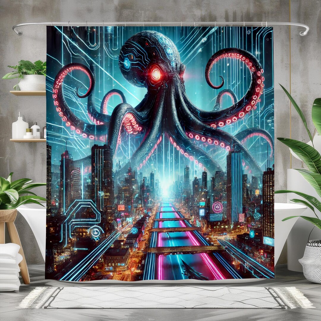 Cyberpunk Octopus Shower Curtain, Futuristic Sci-fi Bath Decor, Neon ...