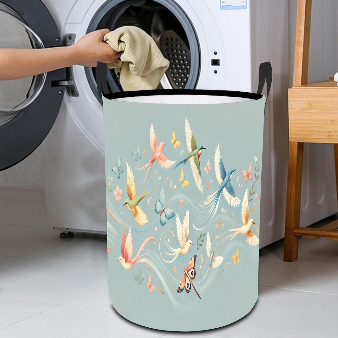 Pastel Bird Laundry Basket With Handles – Collapsible Waterproof Hamper ...