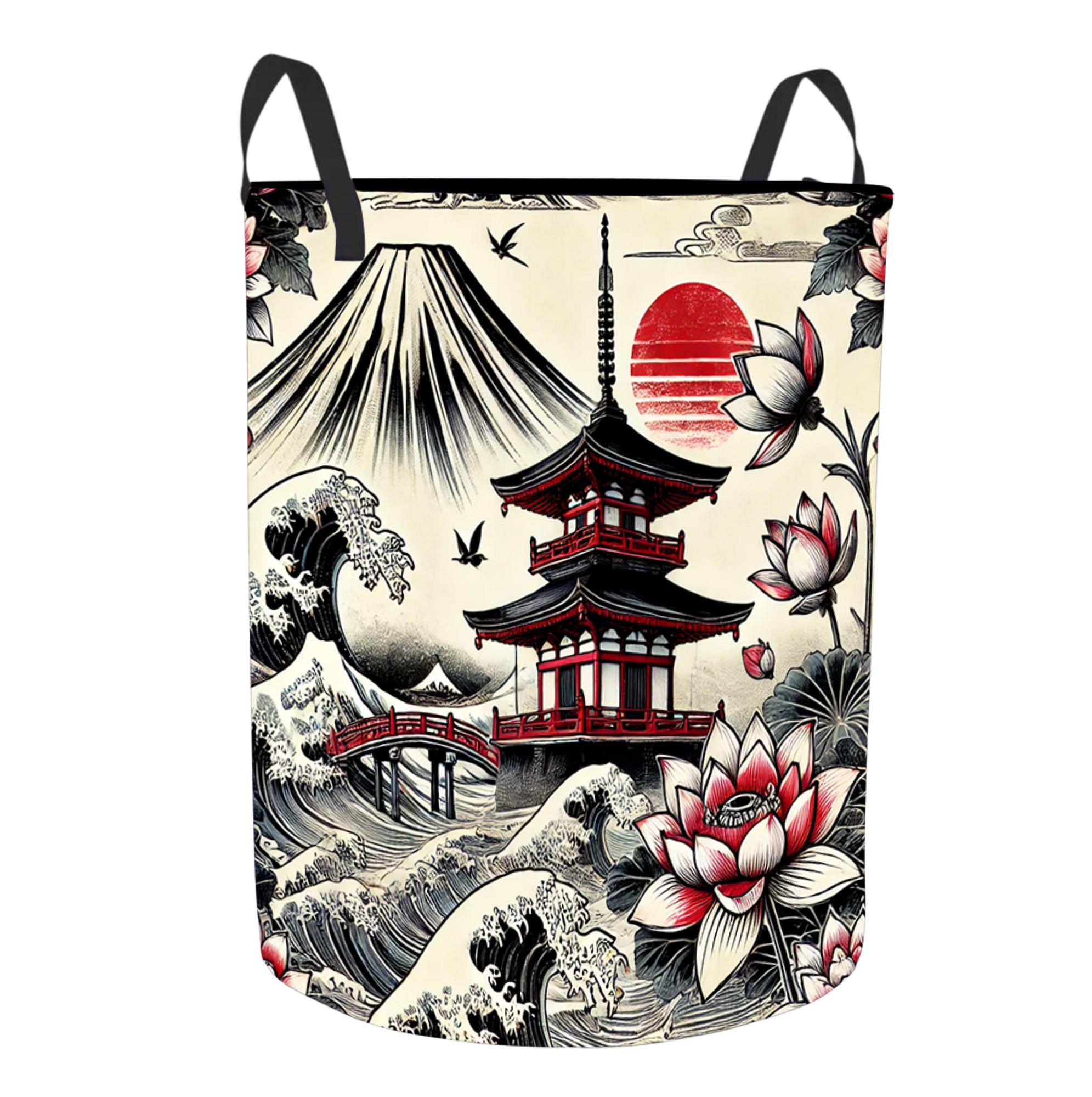 Japanese Wave Laundry Basket With Pagoda, Foldable Round Hamper With ...