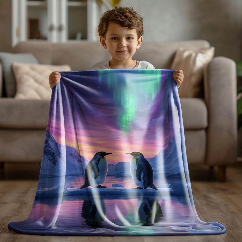 Penguin Aurora Throw Blanket – Warm Washable Fleece for Cozy Home Décor ...