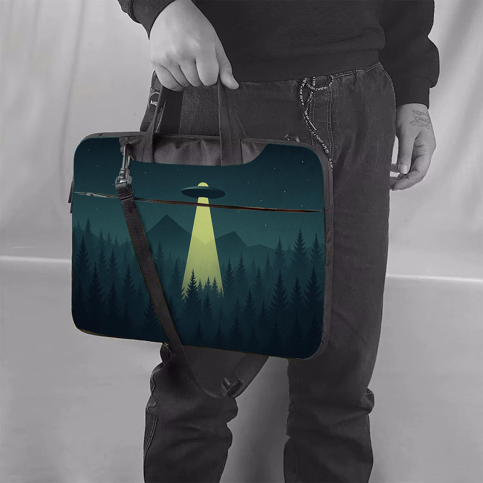 Minimalist UFO Laptop Sleeve – Alien Spaceship Abduction in Pine Forest ...