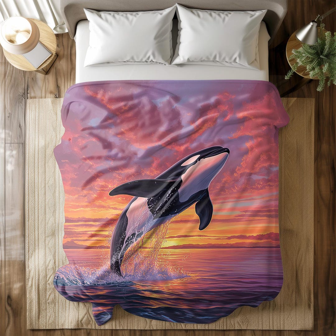 Vibrant Orca Blanket – Stunning Ocean Sunset Whale Design – Warm and ...