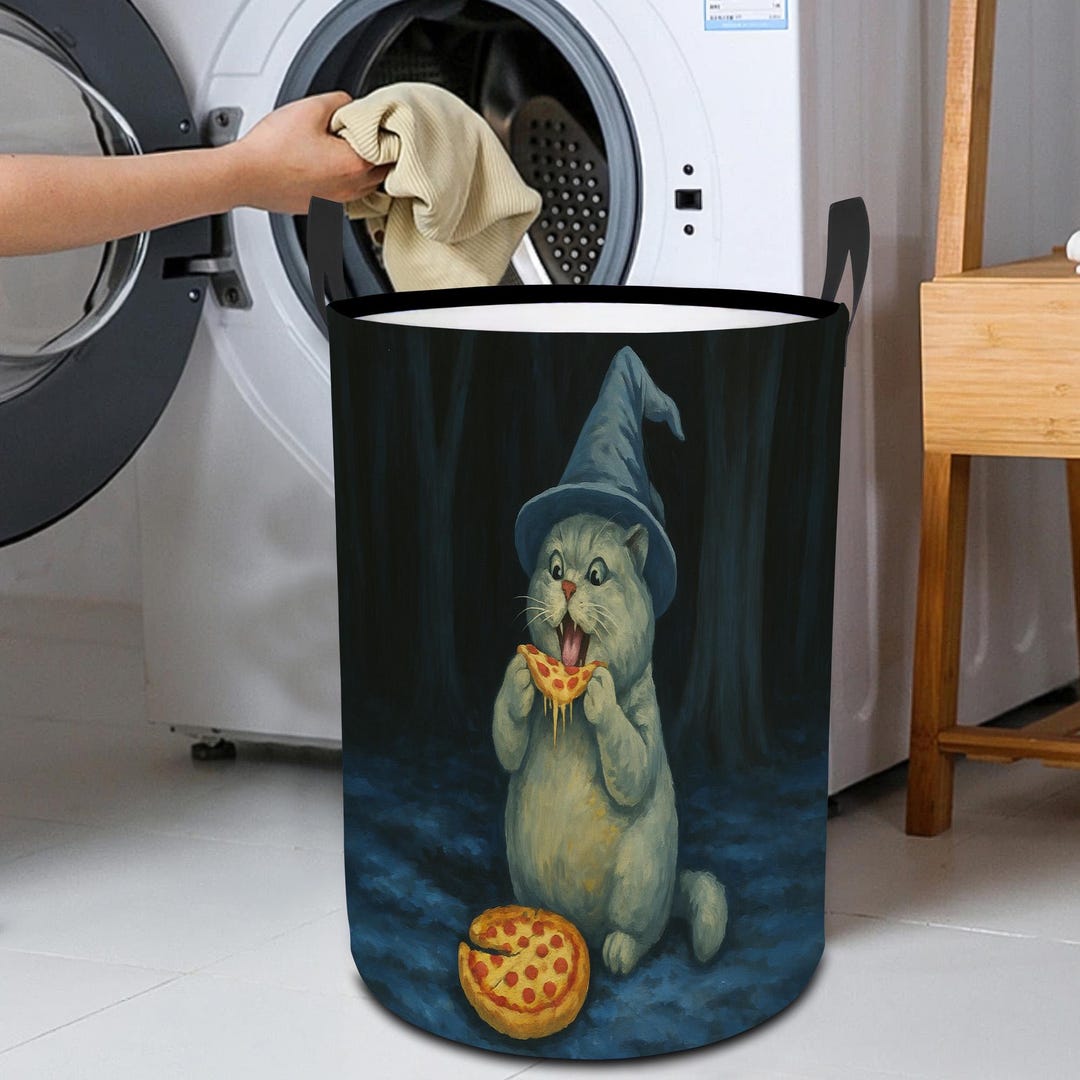 Funny Wizard Cat Laundry Basket Round Foldable Hamper With Handles ...