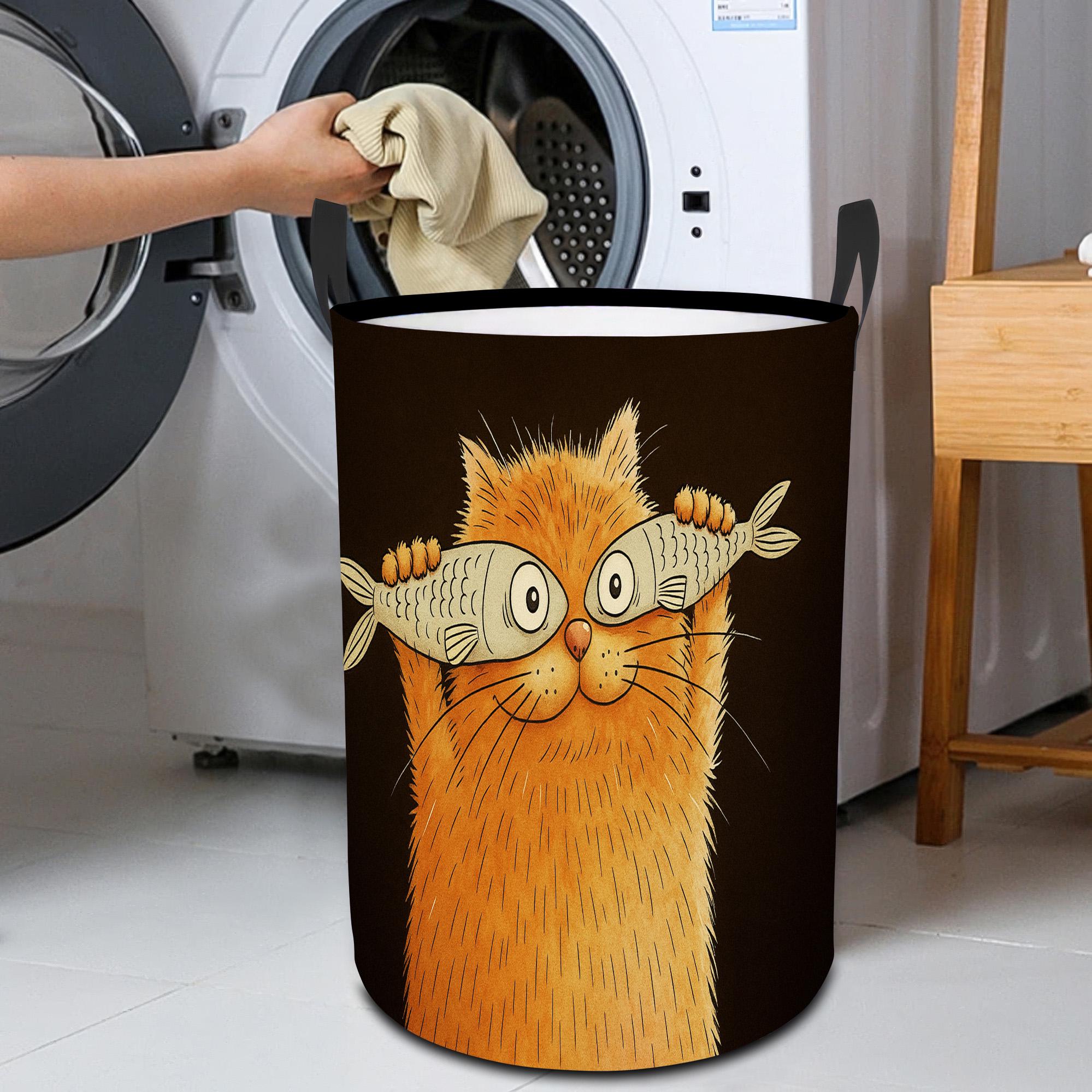 Funny Cat Laundry Basket Round Foldable Hamper With Handles, Laundry ...
