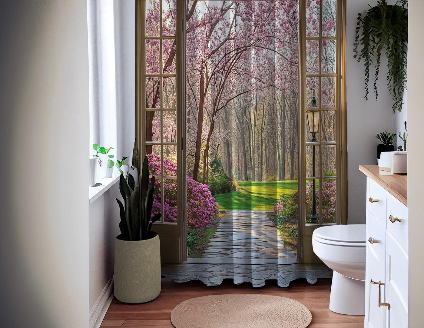 Garden Path Window View Shower Curtain - Multisize Scenic Bathroom ...