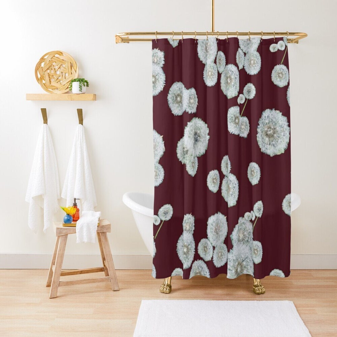 Elegant Dandelion Shower Curtain - Maroon and Silver Floral Bathroom ...