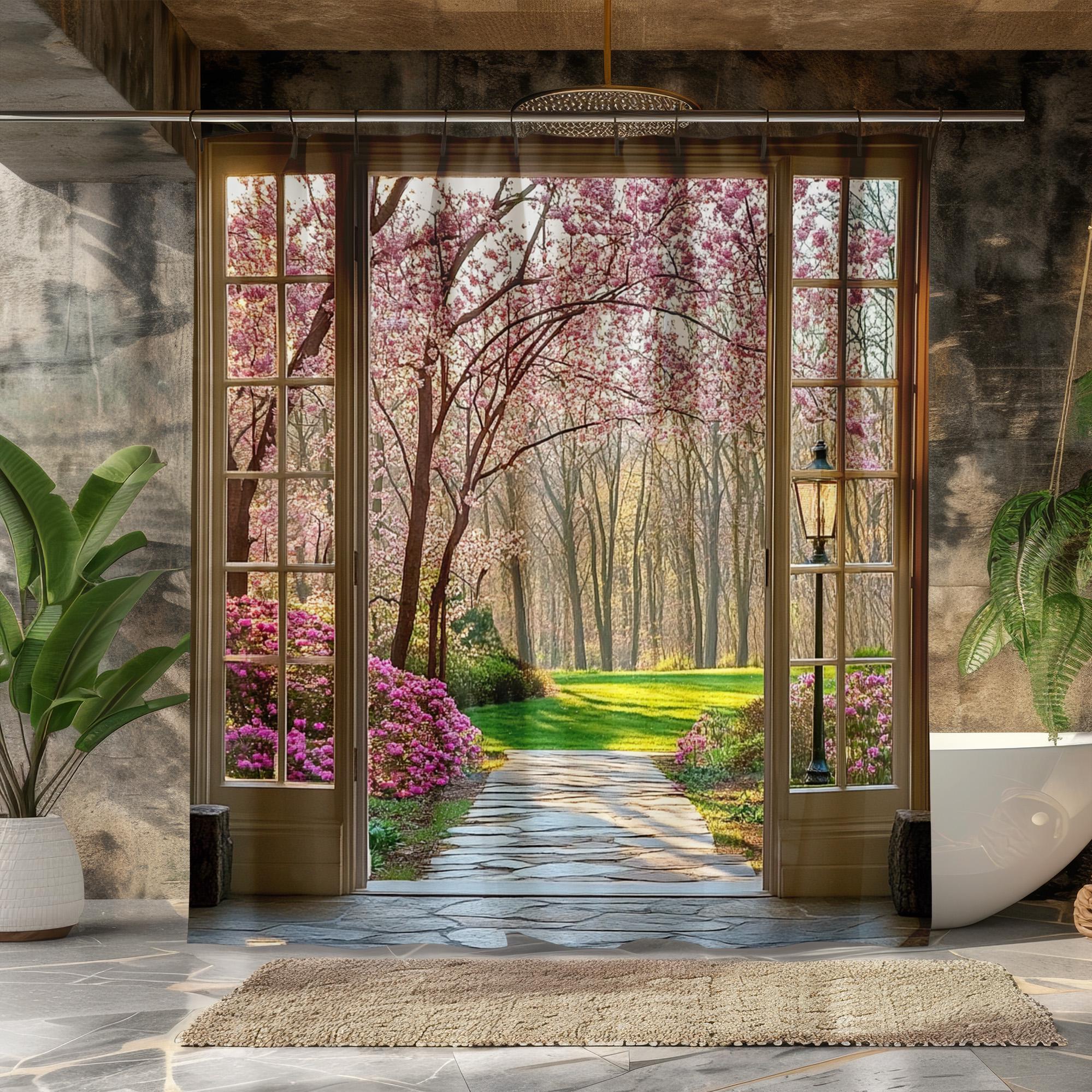 Garden Path Window View Shower Curtain - Multisize Scenic Bathroom ...