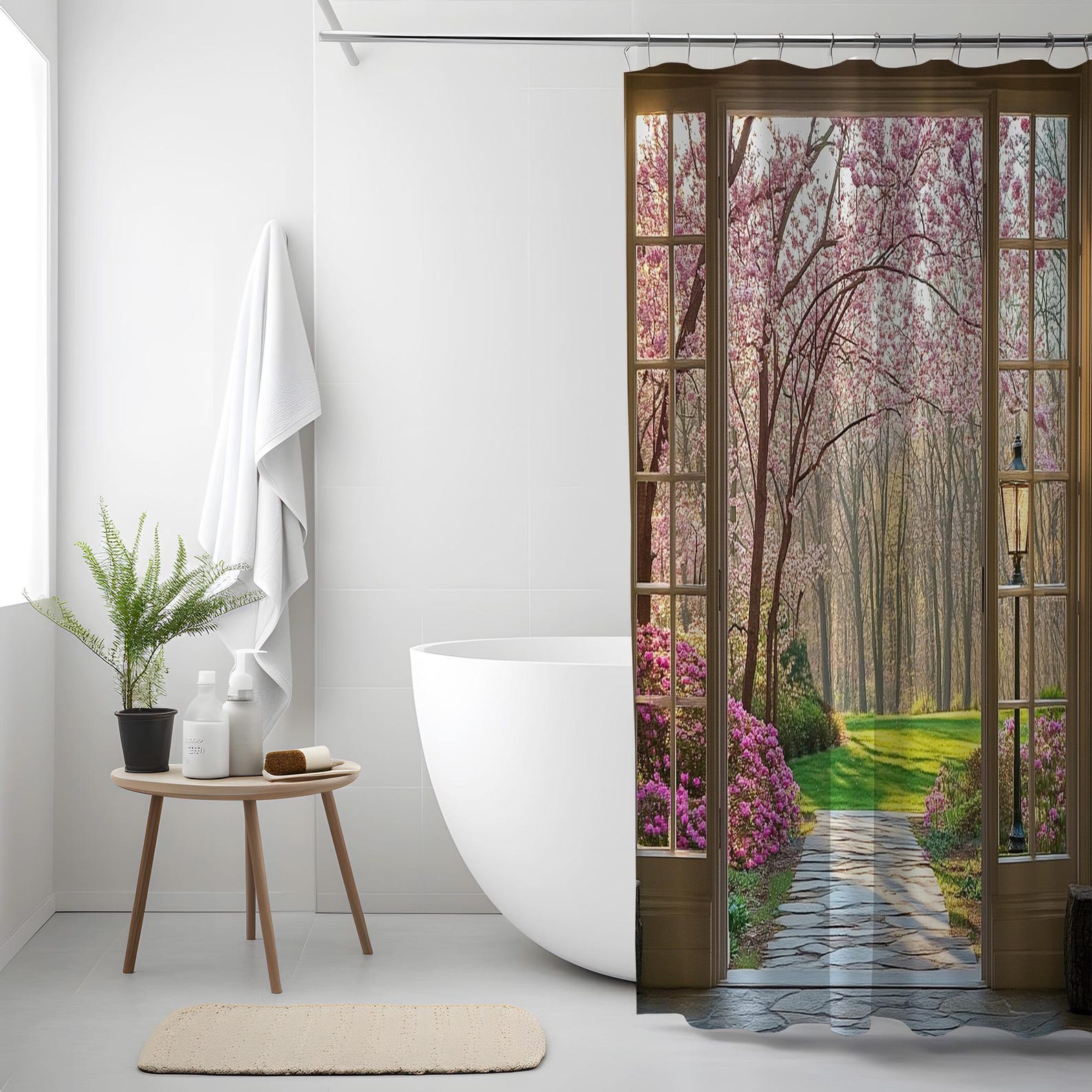 Garden Path Window View Shower Curtain - Multisize Scenic Bathroom ...
