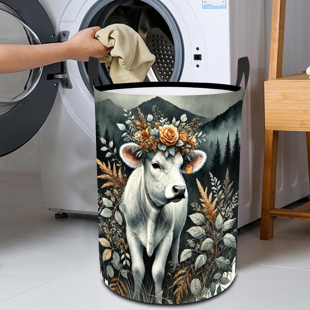 Dark Floral Cow Laundry Basket – Foldable Rustic Hamper With Handles ...