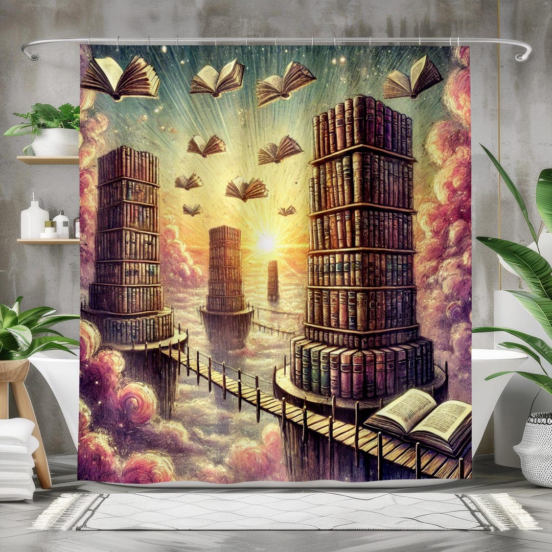 Floating Library Shower Curtain, Surreal Book Lover Bathroom Decor ...