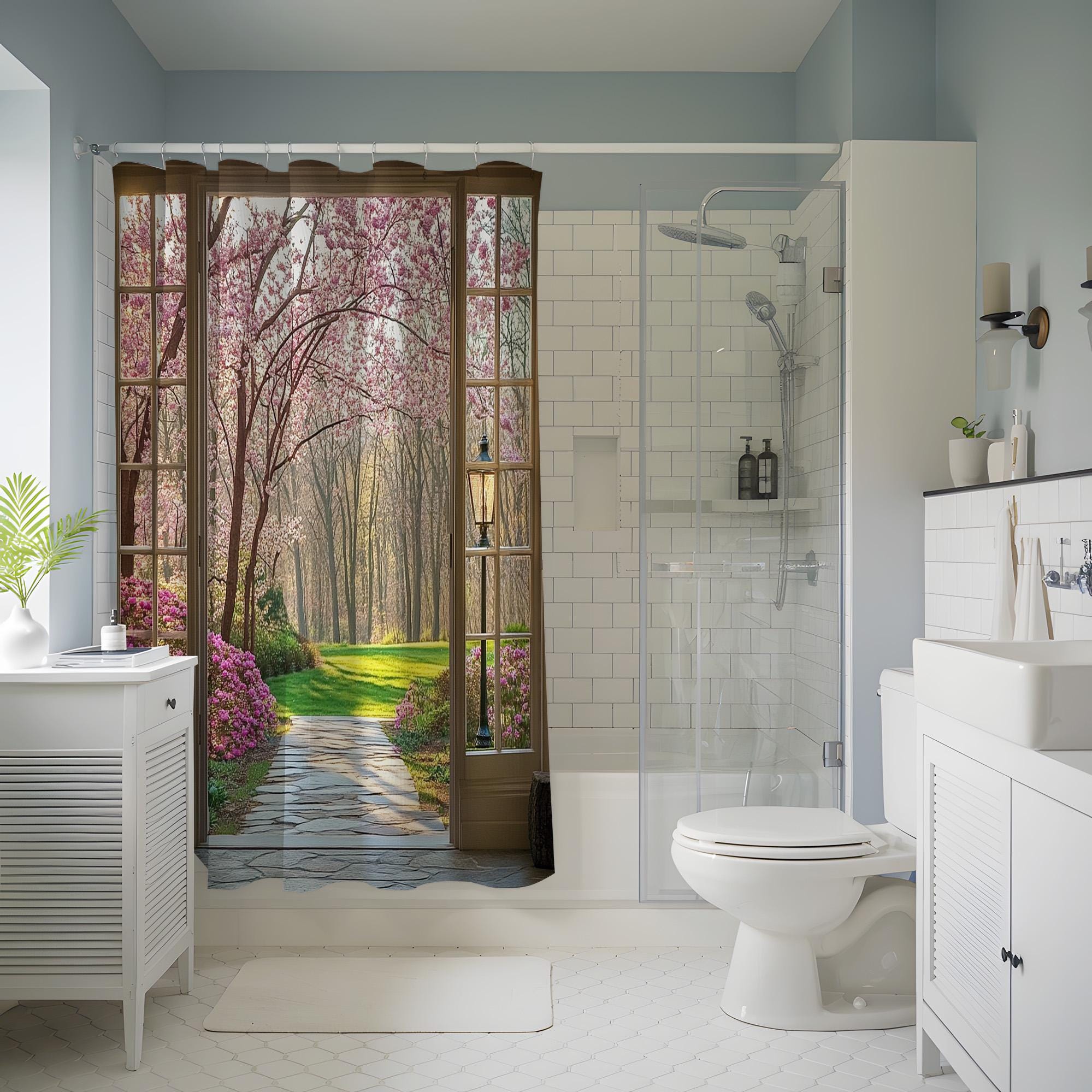 Garden Path Window View Shower Curtain - Multisize Scenic Bathroom ...