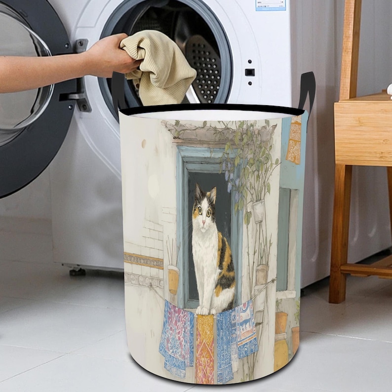 Cat Laundry Basket – Calico Cat in Boho Window With Colorful Rugs ...