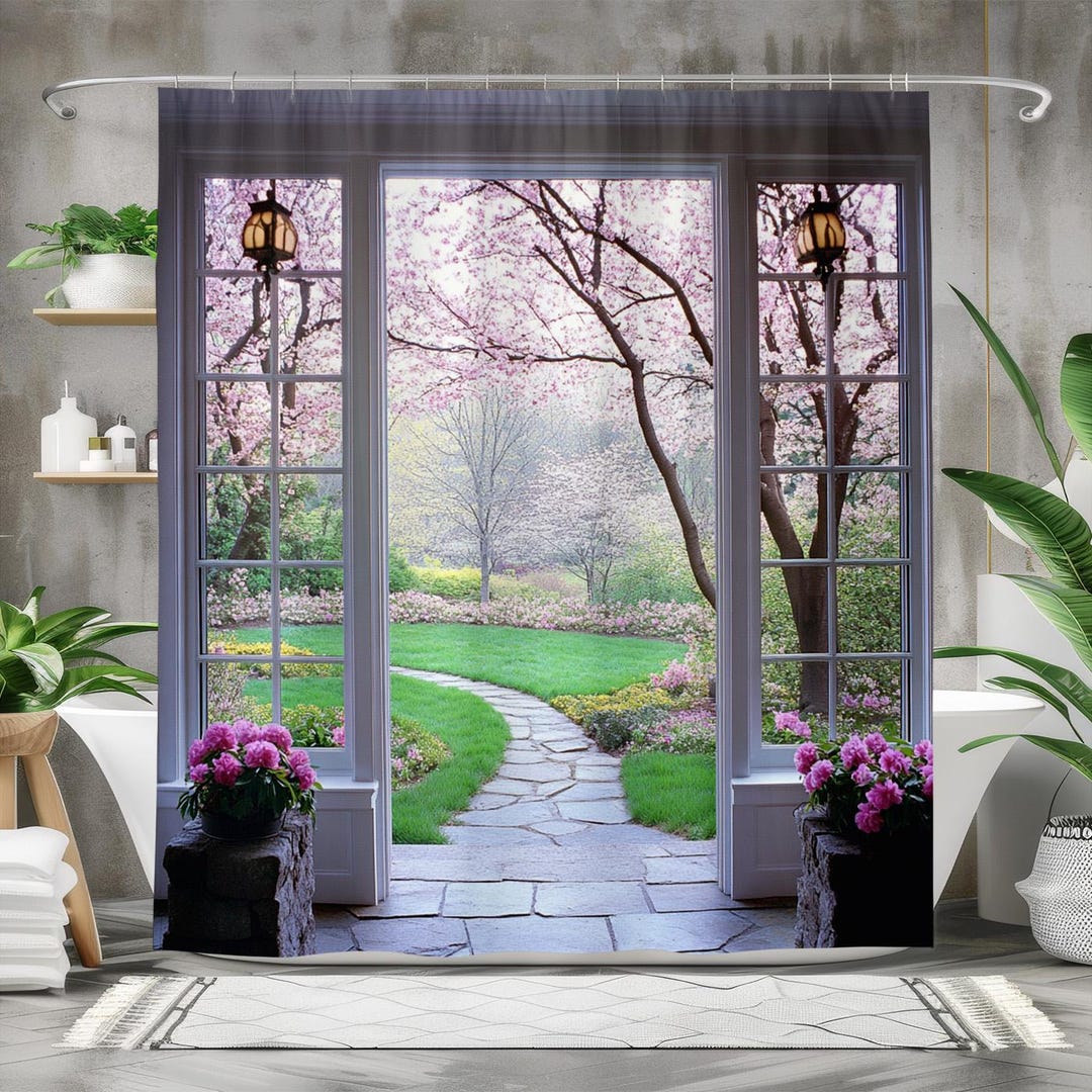 Window View Garden Path Shower Curtain - Multisize Scenic Bathroom ...