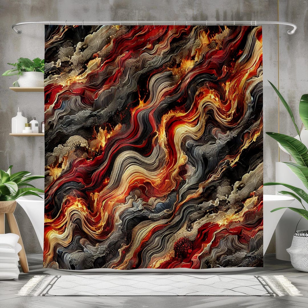 Molten Lava Shower Curtain – Red, Black, Beige & Gold – Abstract Fire ...