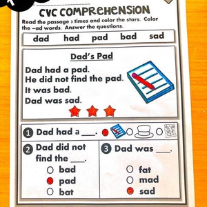 Phonics Worksheets, CVC Comprehension Early Readers for Kindergarten ...