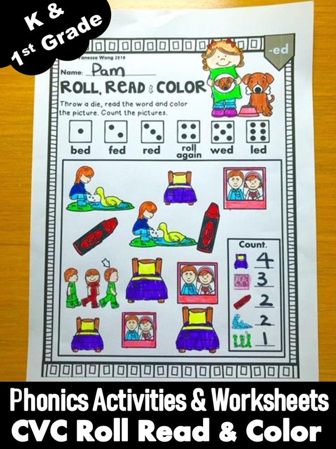Phonics Worksheets CVC Roll, Read and Color :kindergarten and First ...