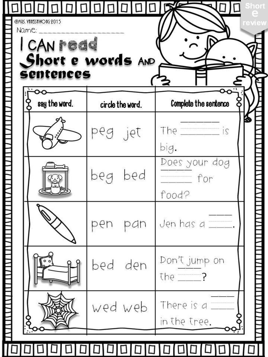 Phonics Short Vowel Activities and Worksheets Short E - Etsy