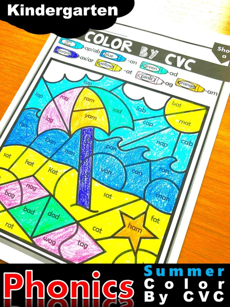 Phonics Worksheets-cvc Color by Code. Summer Theme. Prek/kindergarten ...