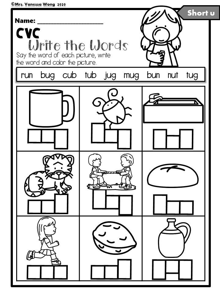 Phonics Worksheets CVC Write the Words for Kindergarten and First Grade ...