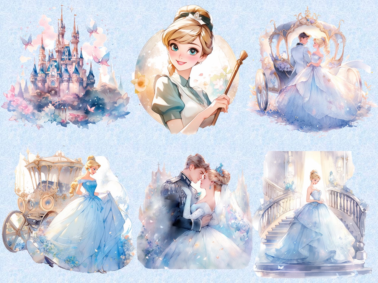 Watercolor Cinderella Clipart: Princess, Castle, Carriage (PNG Digital ...