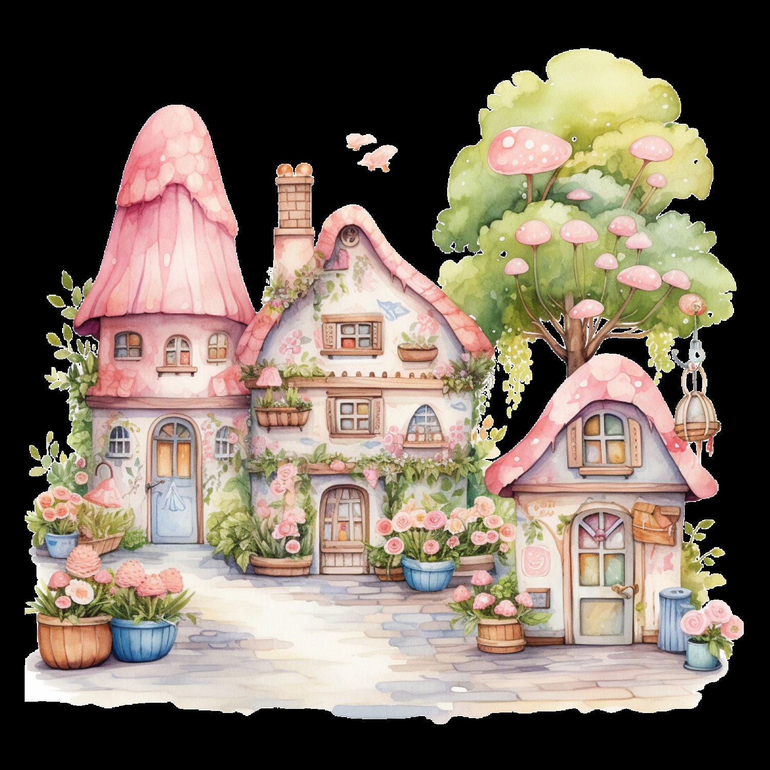 Watercolor Fairy House Clipart: Floral Mushroom Garden (digital ...