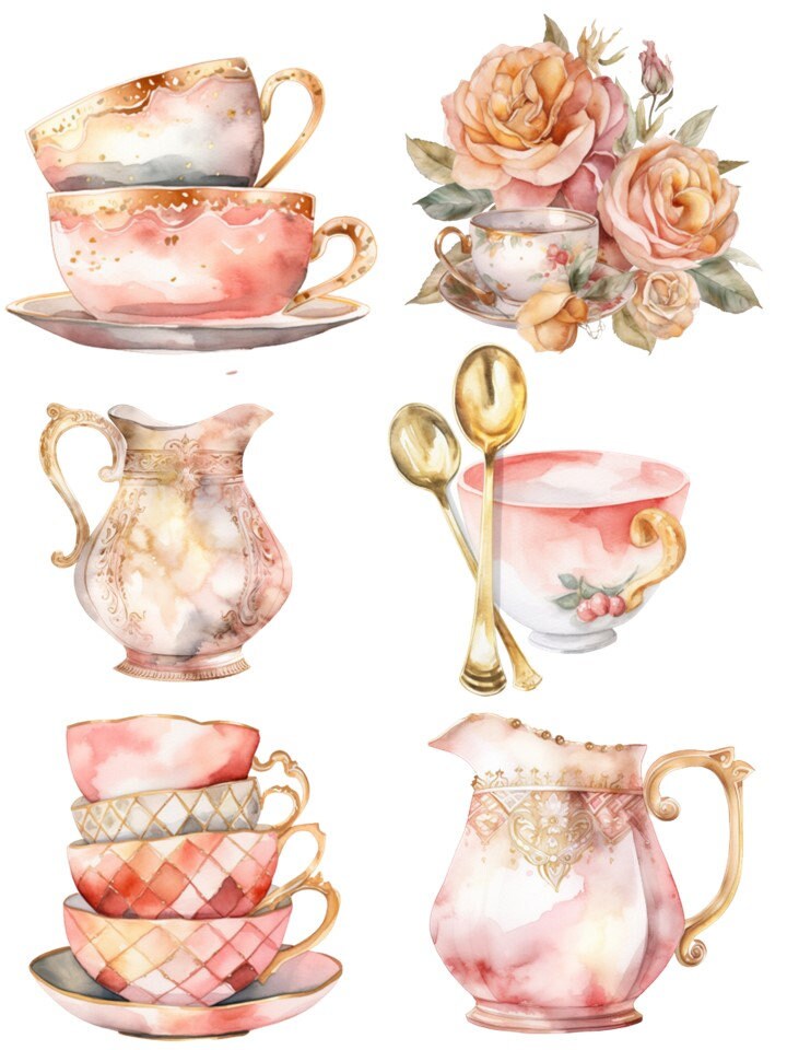 Watercolor Tea Party Clipart for Commercial Use, Junk Journal Clipart ...