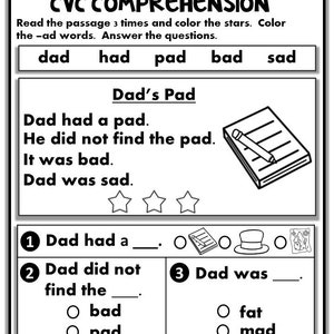 Phonics Worksheets, CVC Comprehension Early Readers for Kindergarten ...