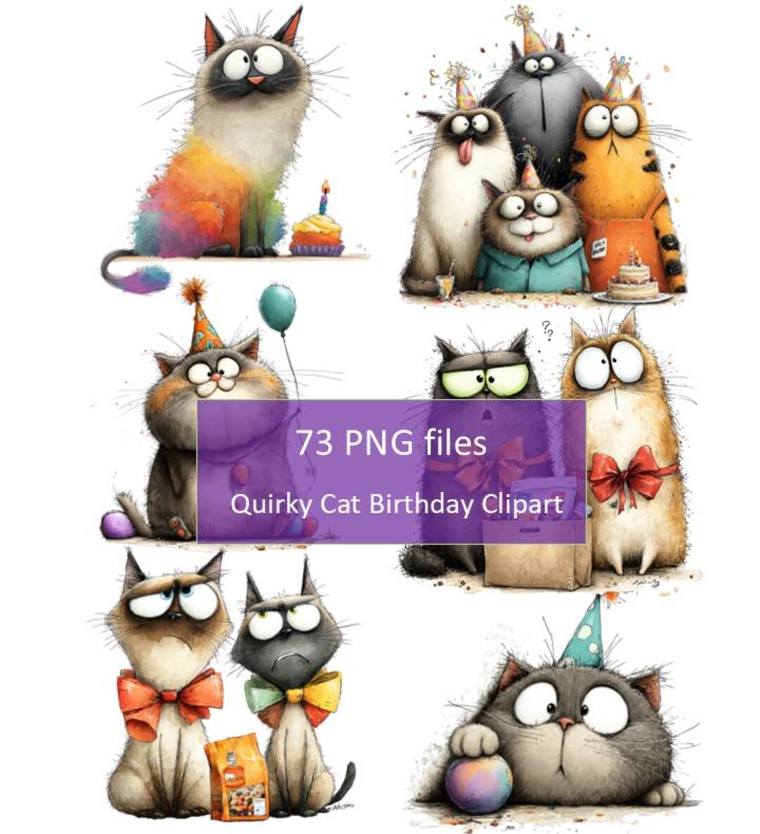 Watercolor Cat Birthday Clipart: 73 Funny PNG Images (digital Download ...