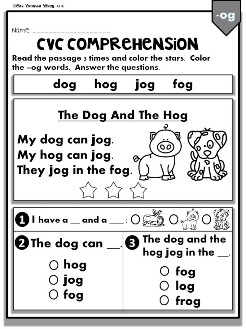 Phonics Worksheets, CVC Comprehension Early Readers for Kindergarten ...
