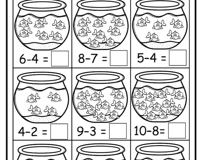 Kindergarten Math Worksheets. Cut and Paste Subtraction. - Etsy Hong Kong