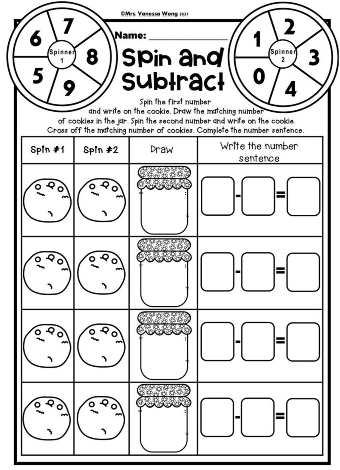 Kindergarten Math Worksheets. Roll and Spin Subtraction. - Etsy