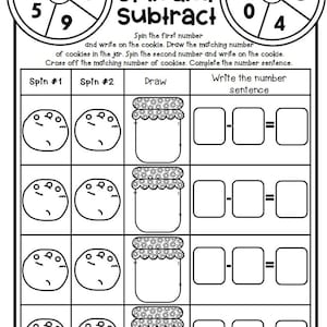 Kindergarten Math Worksheets. Roll and Spin Subtraction. - Etsy