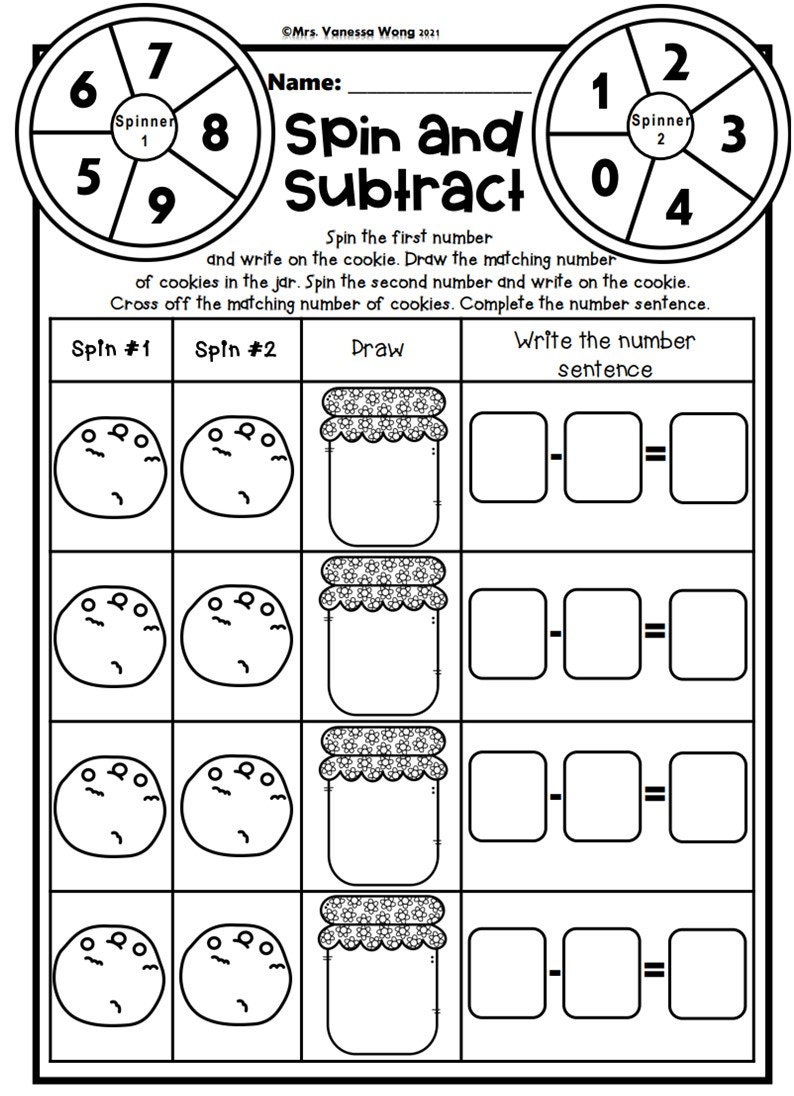 Kindergarten Math Worksheets. Roll and Spin Subtraction. - Etsy