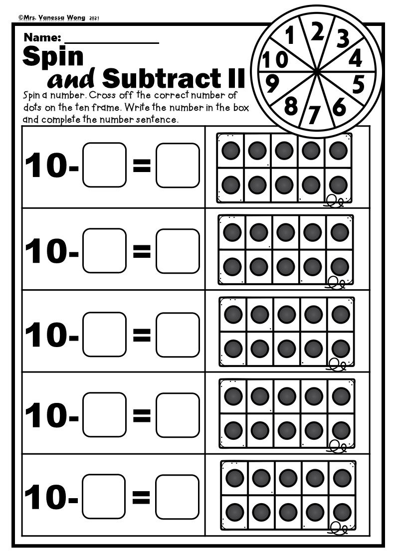 Kindergarten Math Worksheets. Ten Frame Subtraction. - Etsy